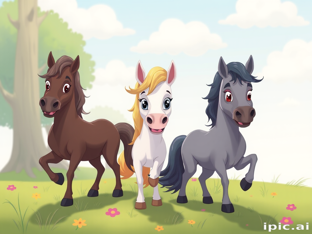 Three Playful Cartoon Ponies Enjoying a Sunny Day in the Meadow