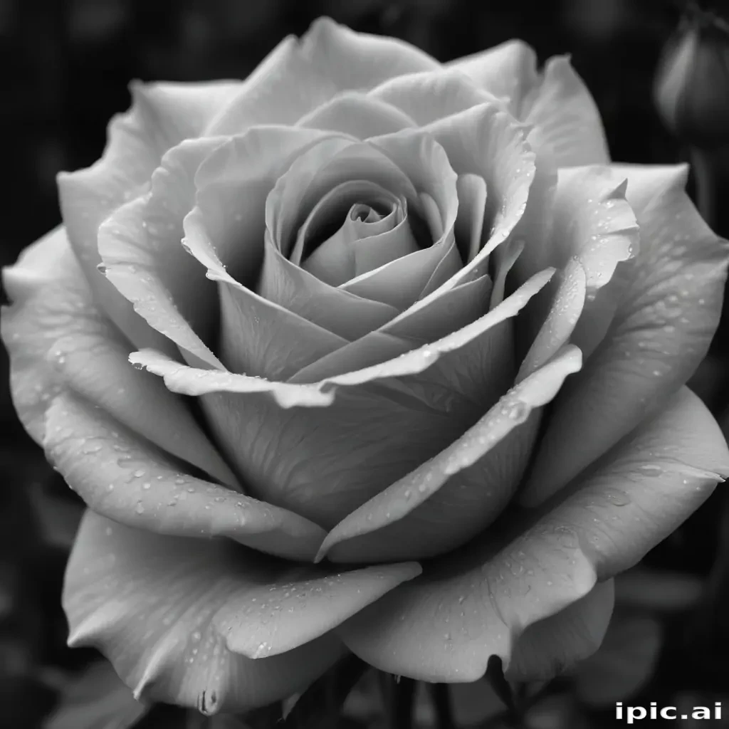 Elegant Black and White Rose with Dewdrops Glistening in Soft Light