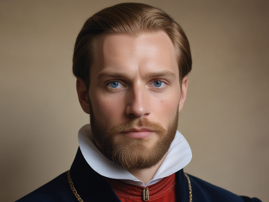 portrait of tudor era duke, blonde hair, blue eyes, strong jawline, beard