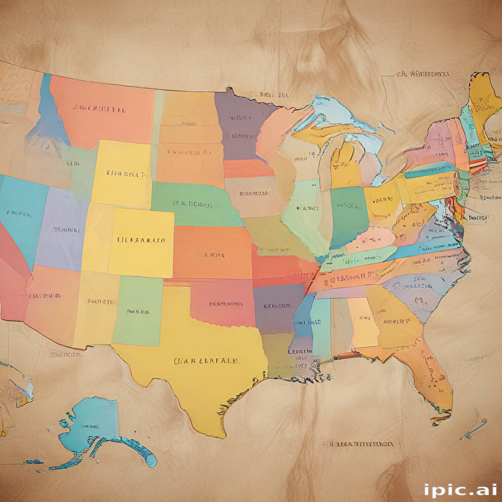 Colorful Illustrated Map of the United States with State Names and Borders