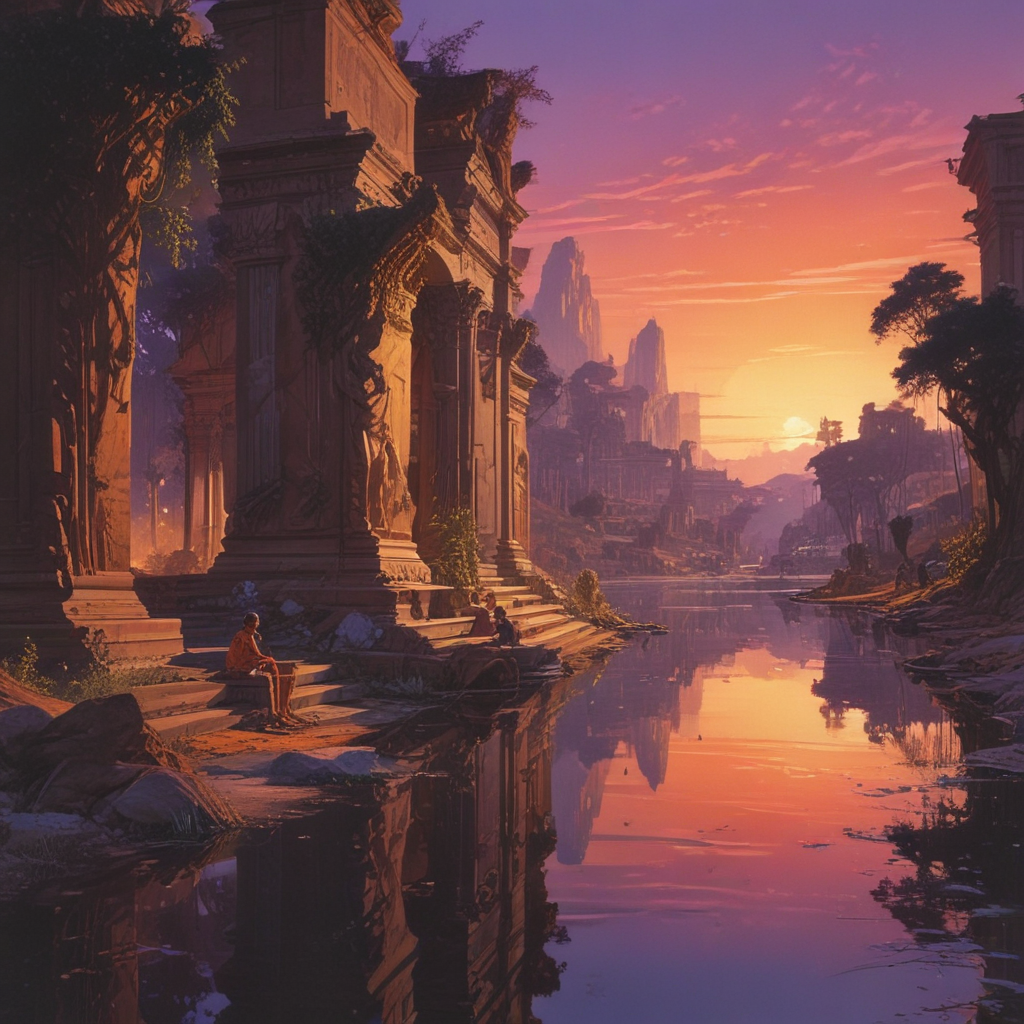 syd mead aarons slim landscape roman city lake psychedelic dystopia sunset
