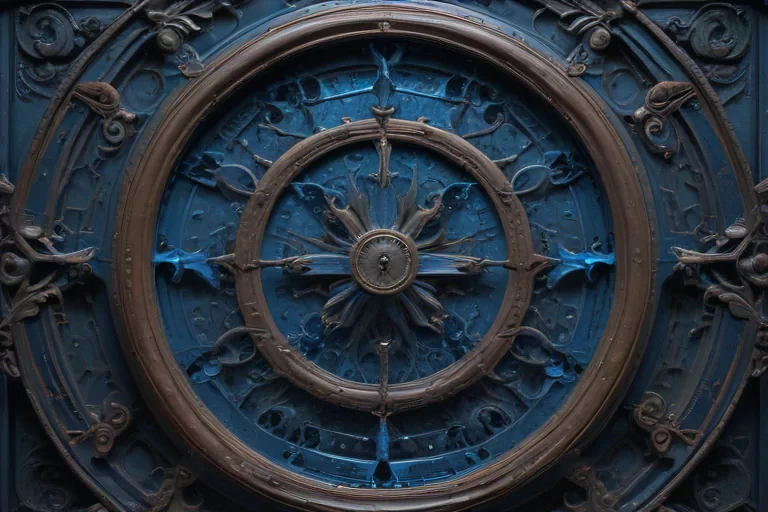 Intricate Blue and Bronze Decorative Design Featuring a Central Compass ...