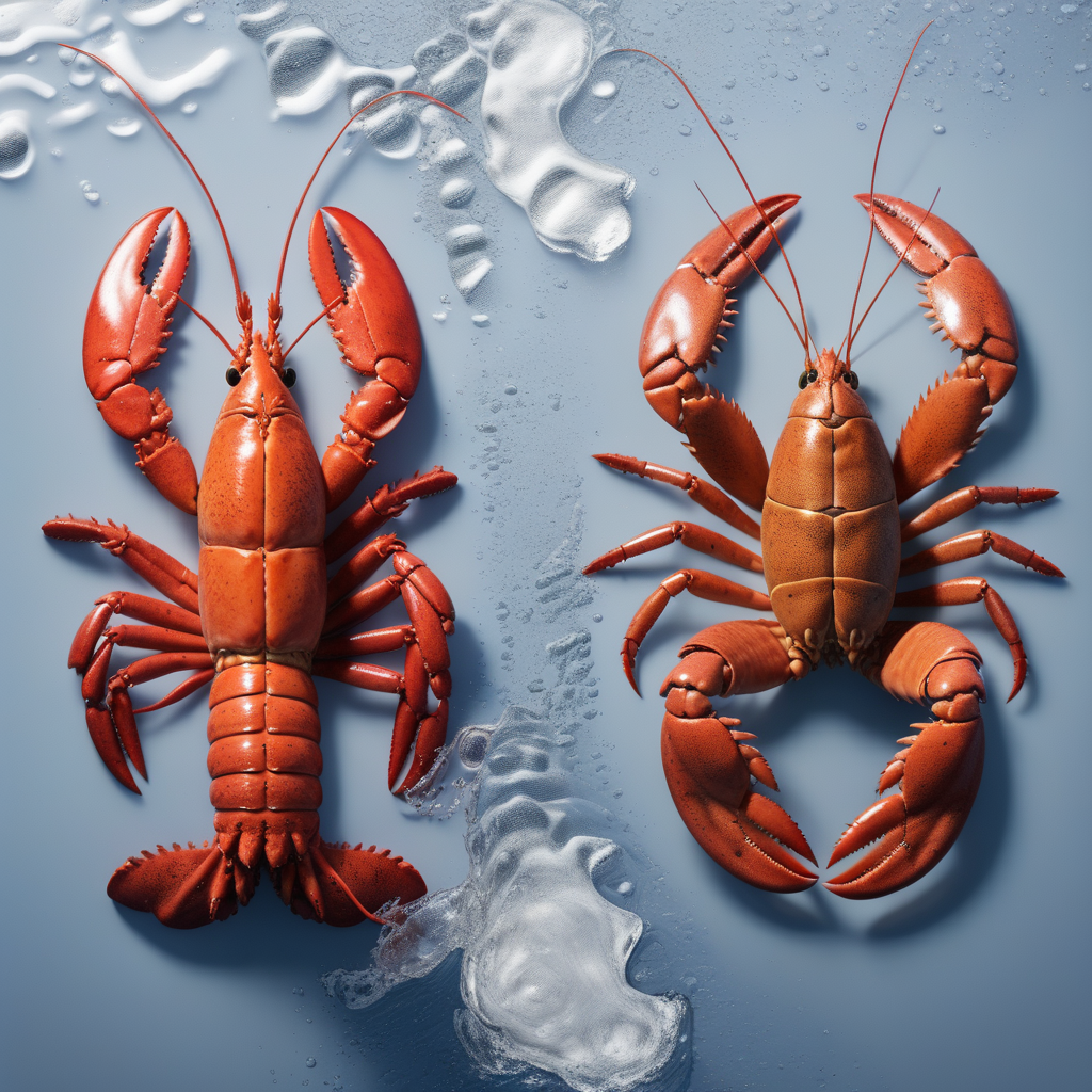 Two Vibrantly Cooked Lobsters Displayed Against a Cool Blue Background