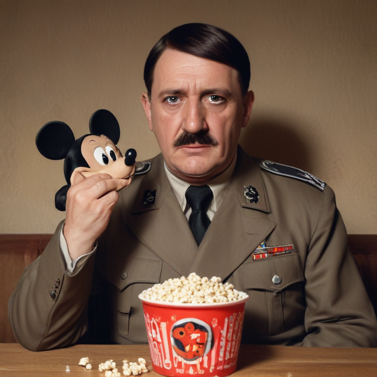 realistic adolf hitler eating popcorn watching mickey mouse movie