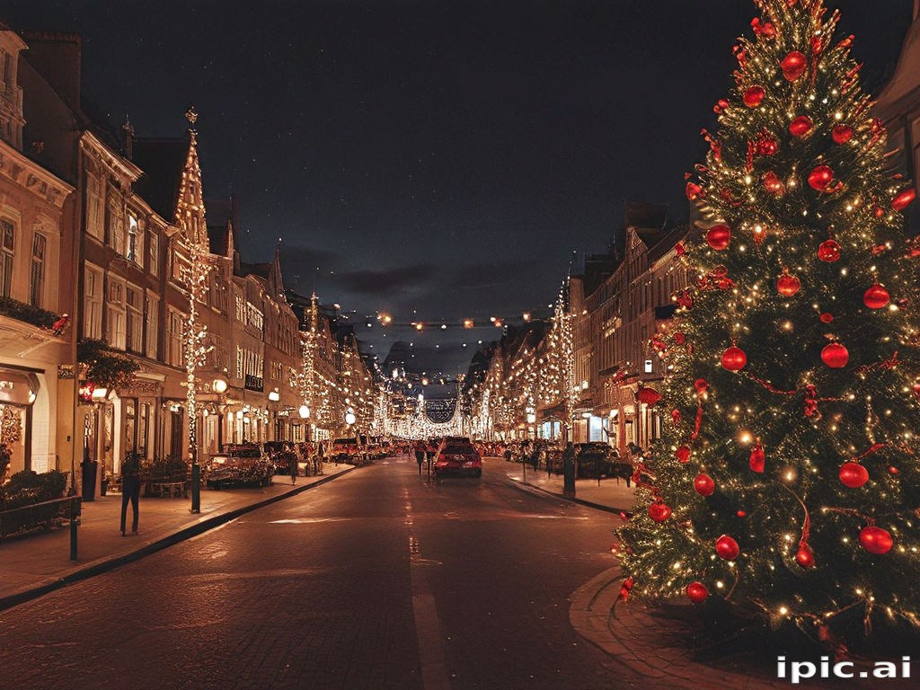 Charming Christmas Street Scene Illuminated by Twinkling Lights and ...