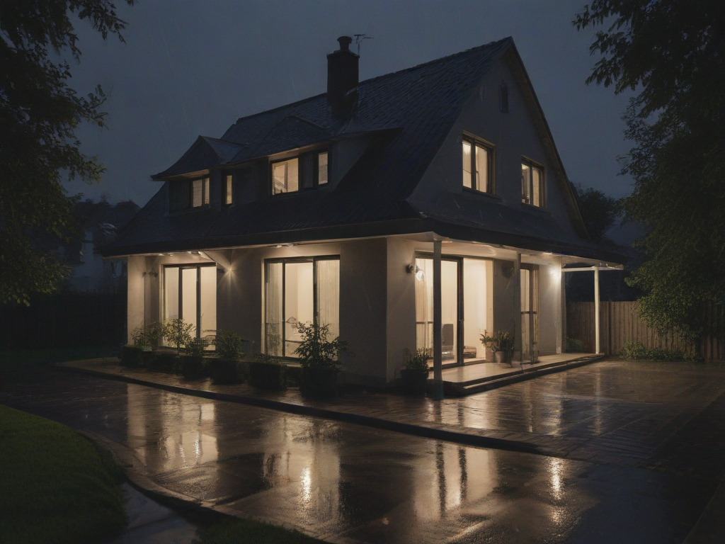 a normal house but its raining and dark night outside view
