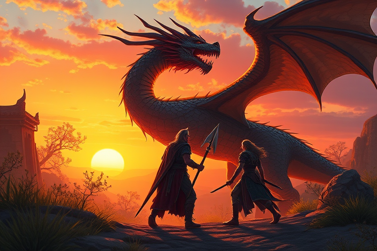 Epic Battle at Sunset: Warriors Confronting a Majestic Dragon in ...