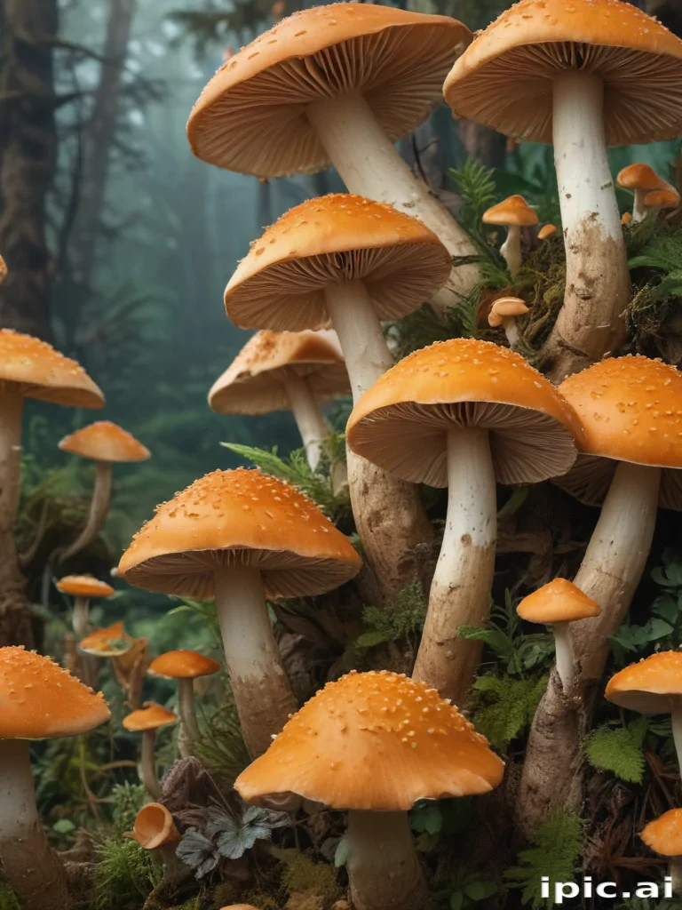 A Vibrant Cluster of Orange Mushrooms Nestled Among Lush Forest Foliage.