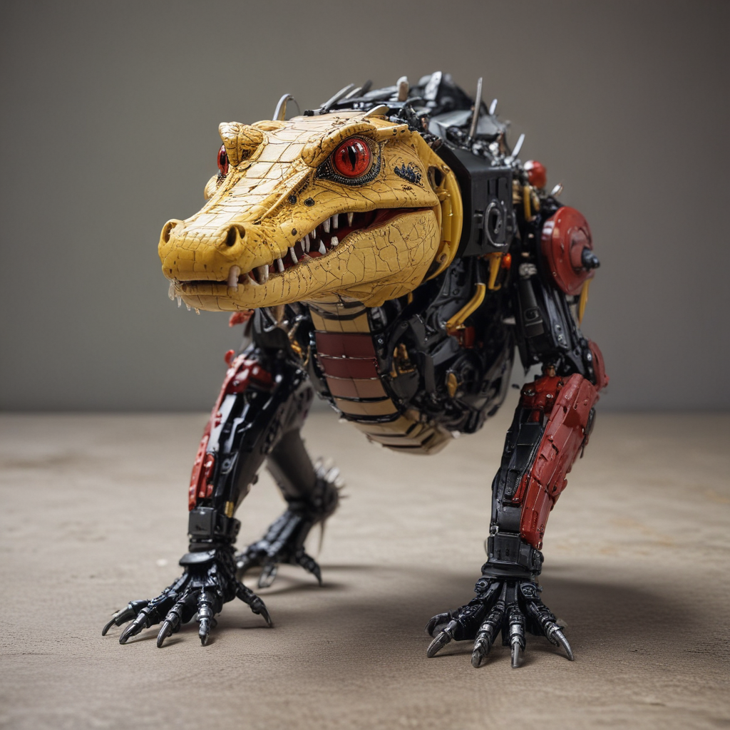 Crocodile robot with red black yellow color theme