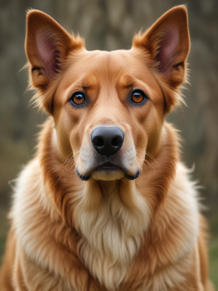 A Majestic Golden Dog with Striking Eyes and Fluffy Fur Portrait.