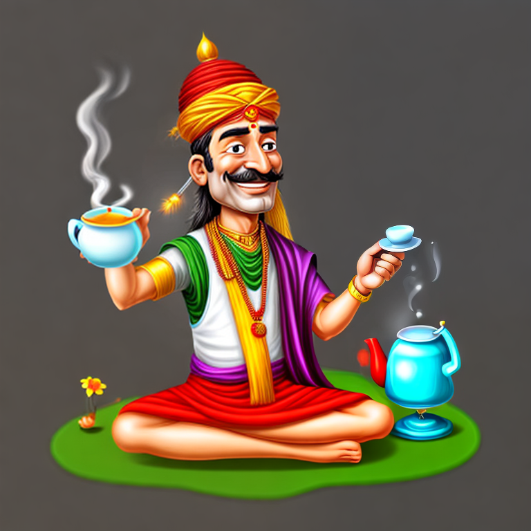 wise looking smiling indian tantrik priest stirring tea pot mystical ...