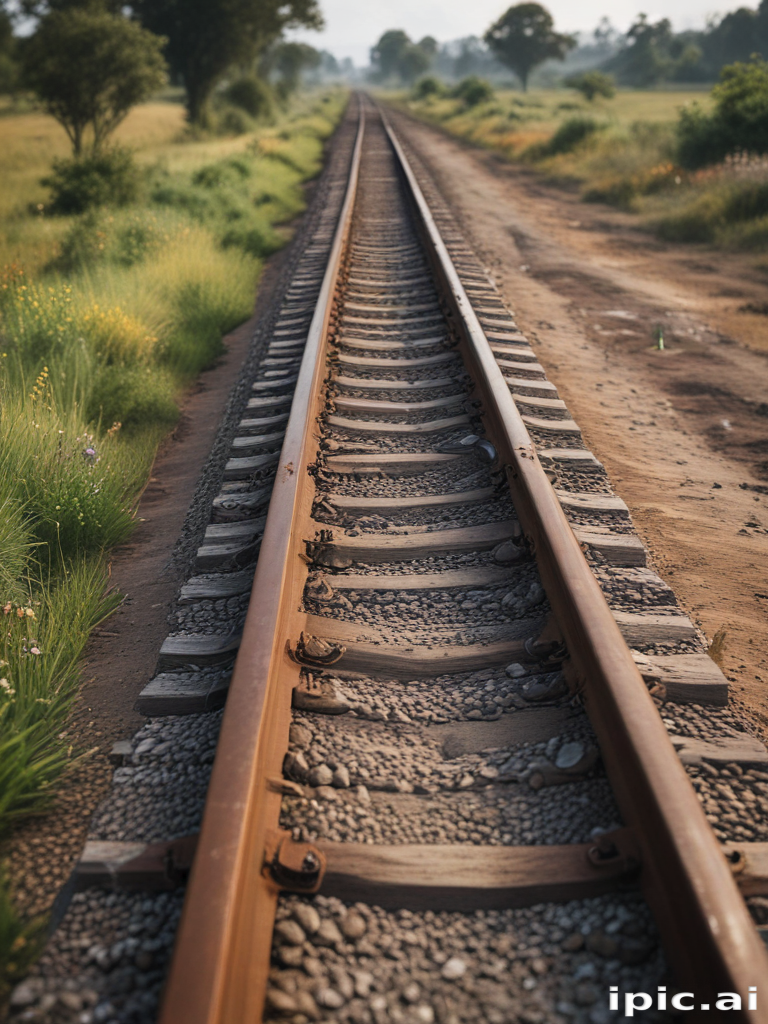 Tranquil Railway Tracks Stretching into the Distance Under a Clear Sky