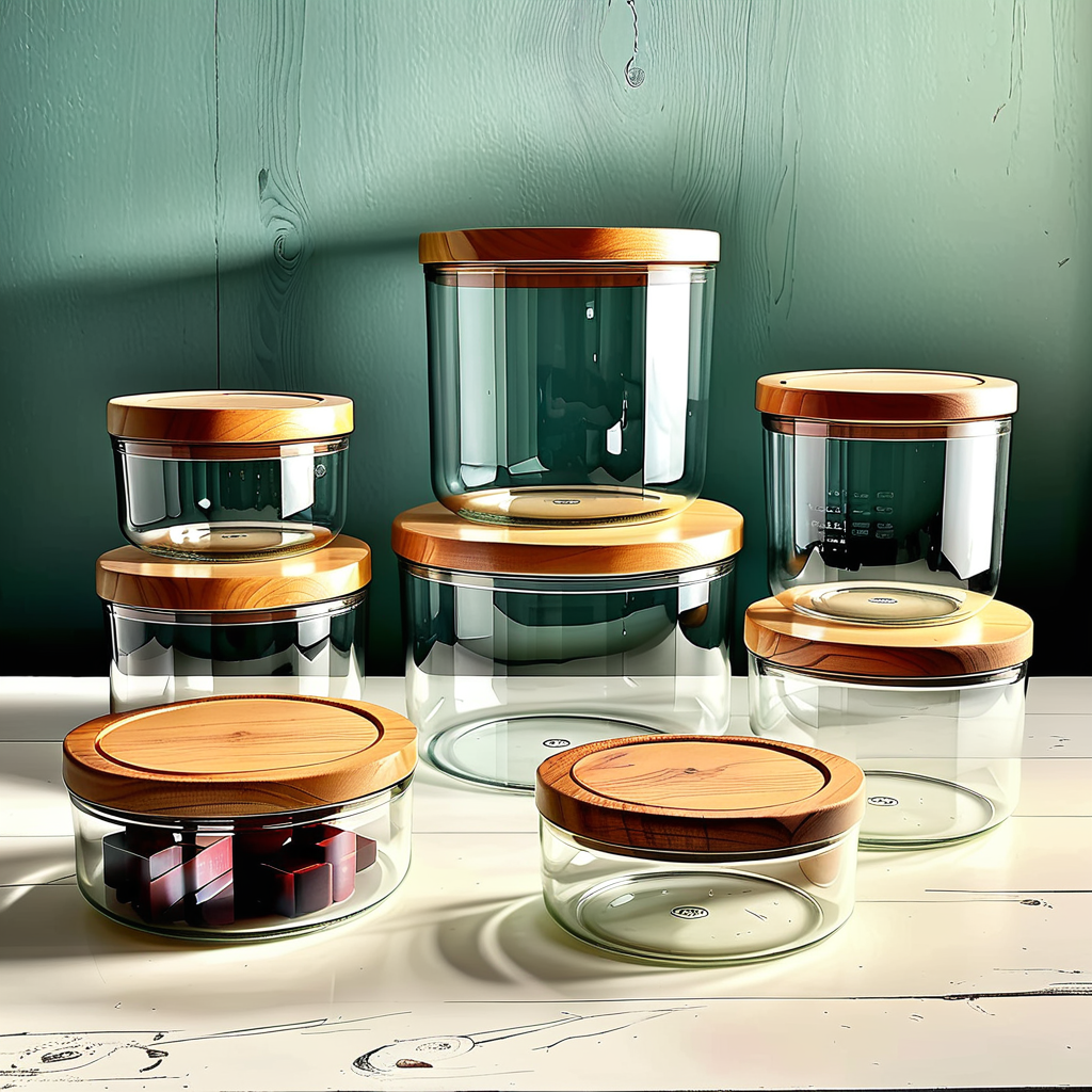 Stylish Glass Storage Containers with Wooden Lids Arranged on a Table