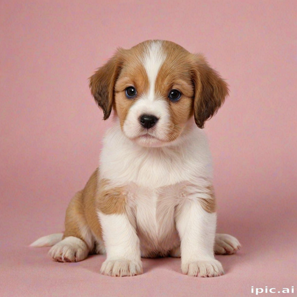 Adorable Puppy Sitting Against a Soft Pink Background with Big Eyes