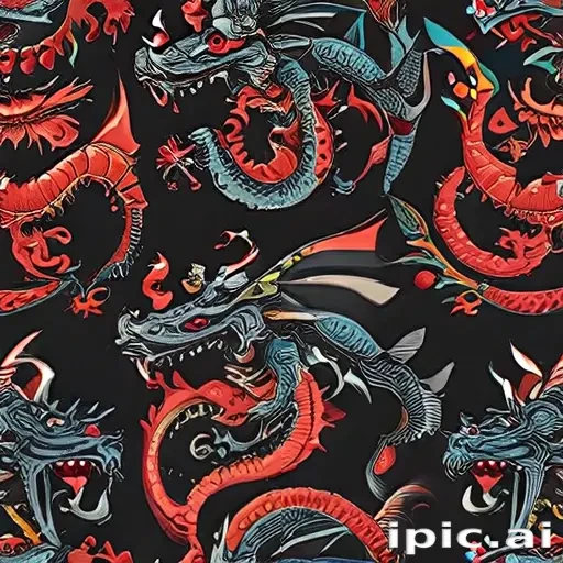 Vibrant and Intricate Dragon Patterns on a Dark Background Design