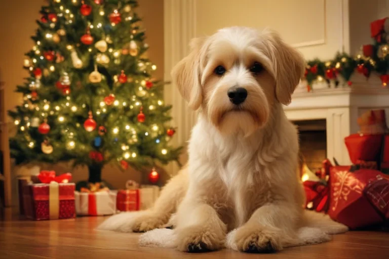 A Festive Holiday Scene Featuring a Cute Dog by a Christmas Tree