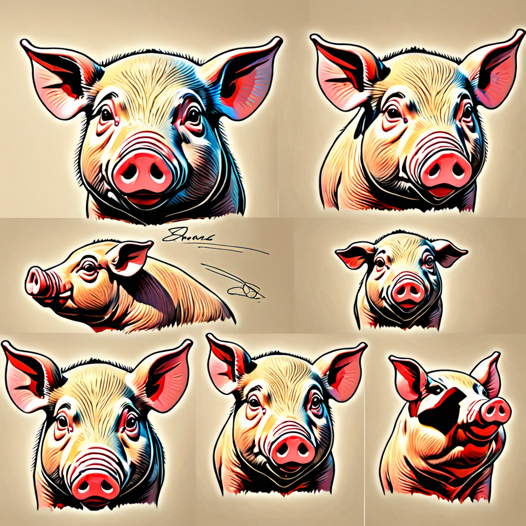 Pig head, hachuras, draw, skecth, multiple angles