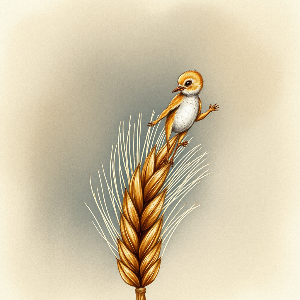 Whimsical Little Bird Perched on Top of Golden Wheat Stalk