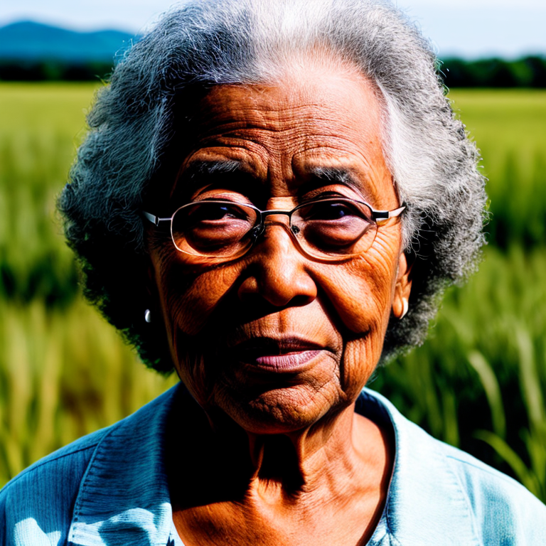 poc grandma looking at the camera dramatic eyes, field background, sunset