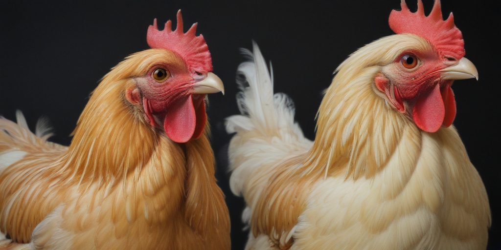 Two Beautiful Chickens with Striking Feathers and Vibrant Red Combs