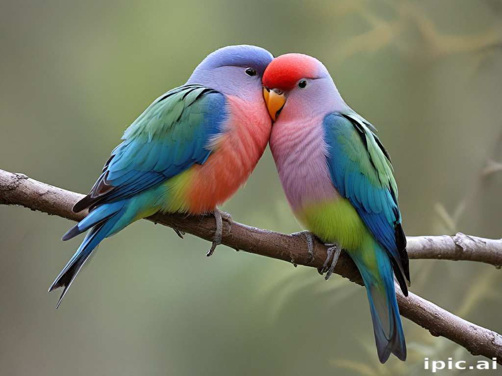 Two Colorful Birds Sharing a Tender Moment on a Branch Together.
