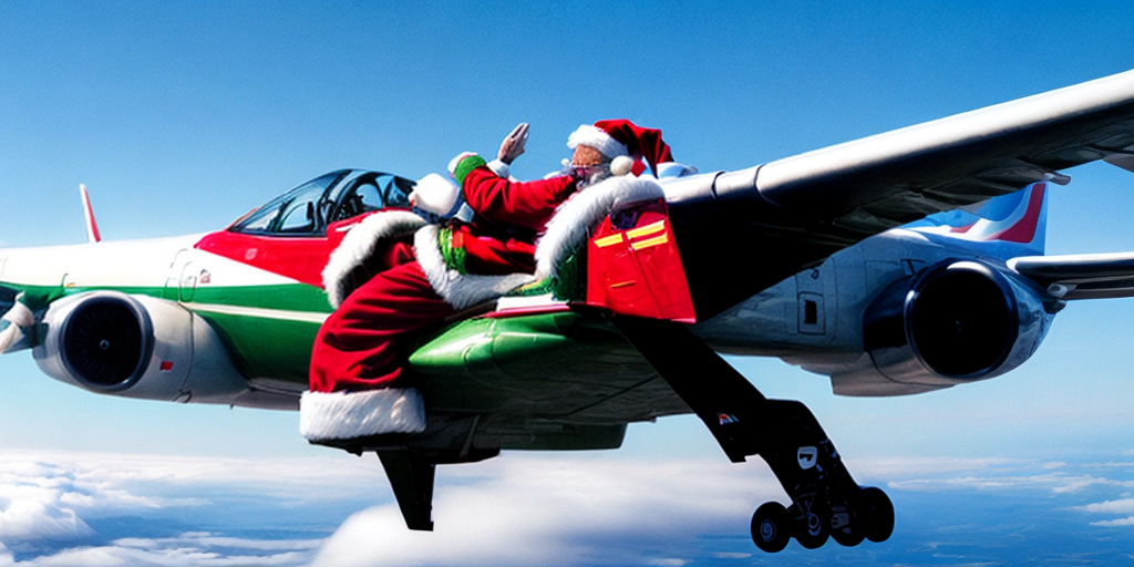 santa claus on an airplane wing