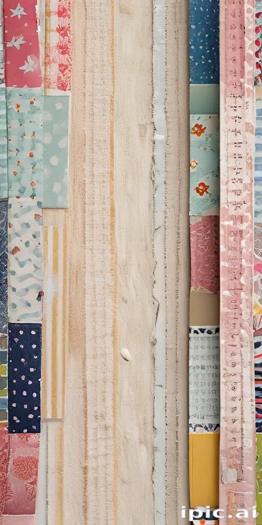 Colorful Fabric Strips and Textured Wood Create a Vibrant Collage Design