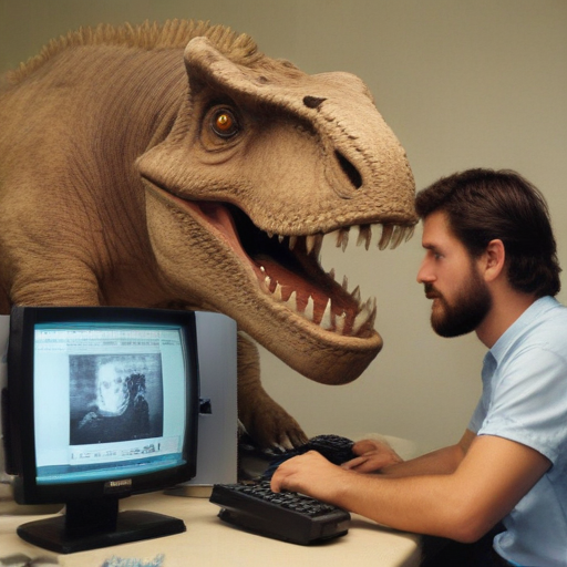 Early humans with dinosaurs working with computers