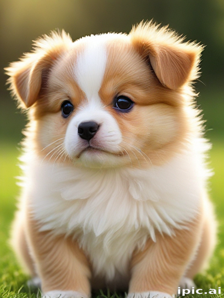 Adorable Puppy with Soft Fur Sitting Gracefully in a Lush Green Field