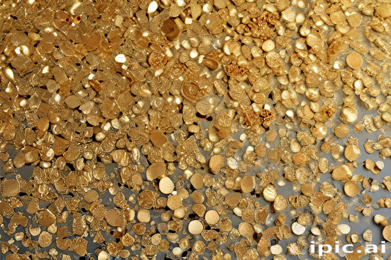 Close-Up View of Various Gold Particles and Textures on Surface