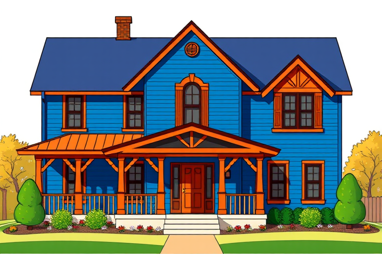 A Charming Blue House with Orange Accents Surrounded by Lush Greenery.