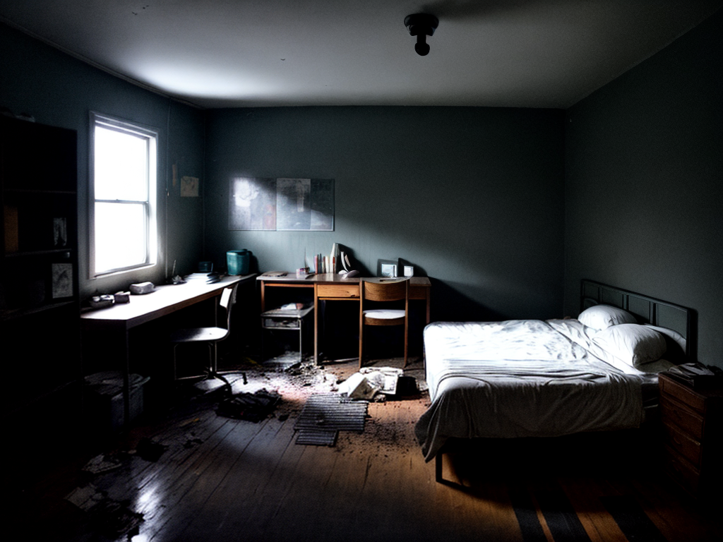 dark room, messy bed, man inside the room