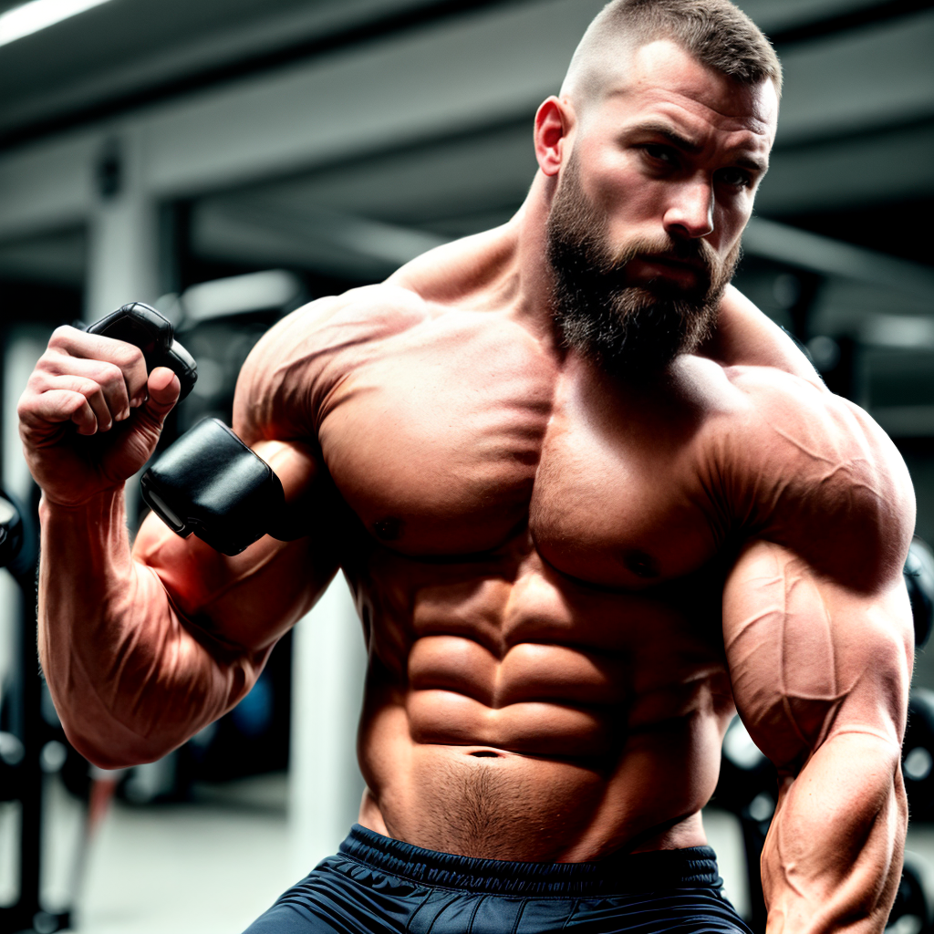 powerlifter with a muscular neck, a buzz cut, big arms, a beard