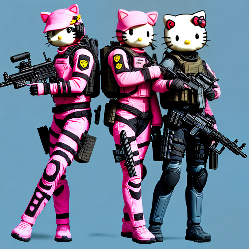 2 Tactical Hello Kitty Cats in full pink SWAT suit Standing and holding ...