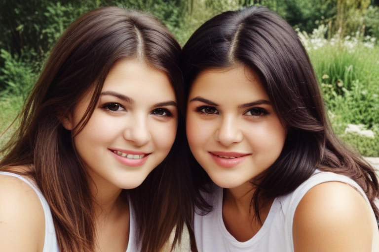 Two Close Friends Smiling Together in a Lush Outdoor Setting