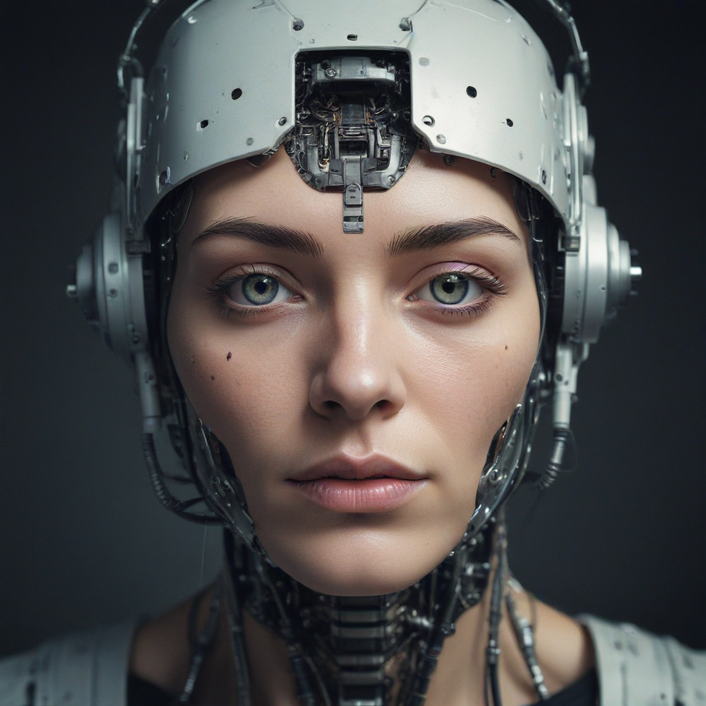 techno, human face, half robot. Defect, Mechanical