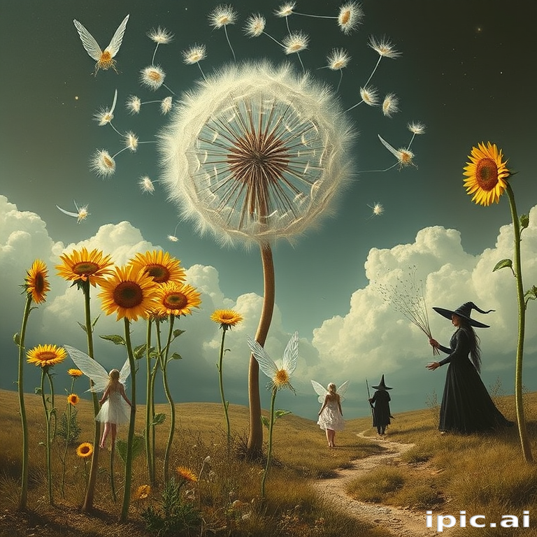 Whimsical Scene of Fairies and Sunflowers Dancing Around a Giant Dandelion