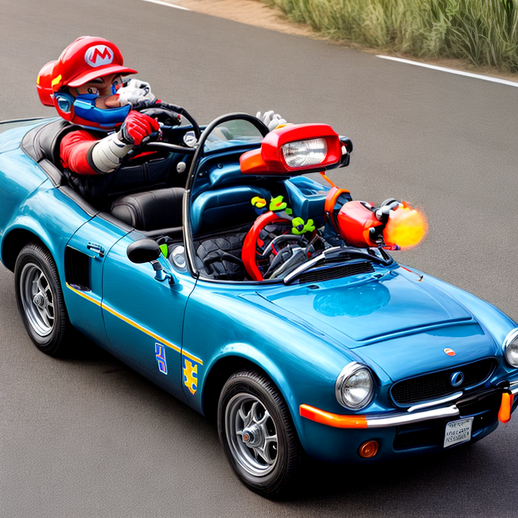 mario driving a car while holding a very dangerous nerf blaster