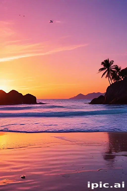 Serene Sunset Over Tranquil Beach with Palm Trees and Gentle Waves