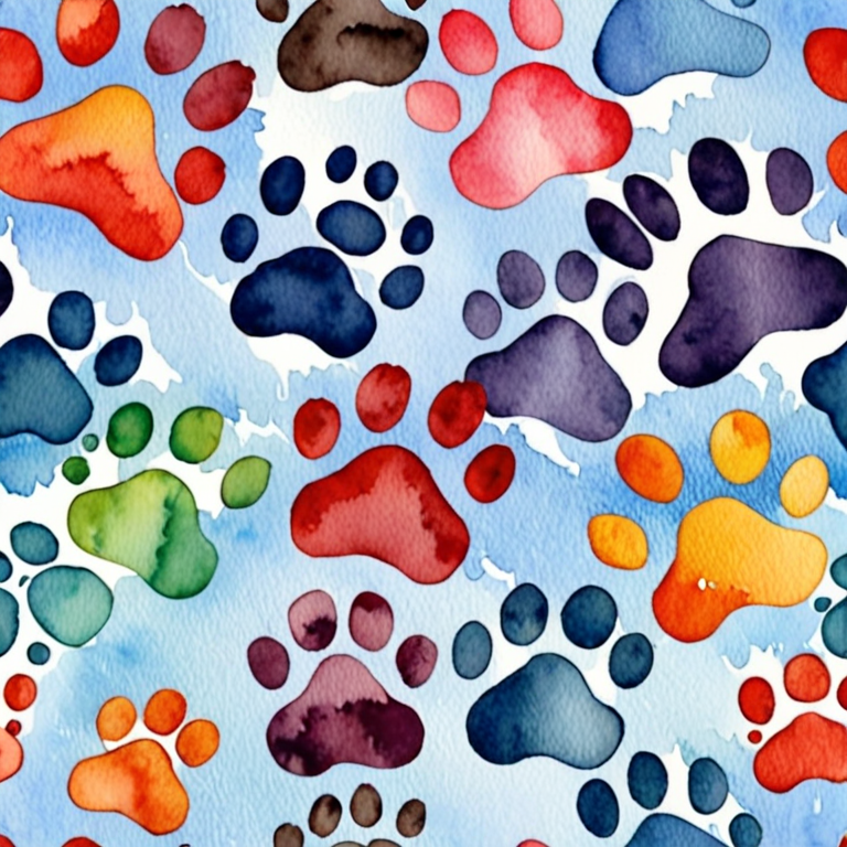 dog paws, watercolor, light pale colors, rainbow palette, blue background
