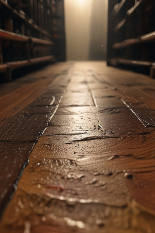 Dimly Lit Pathway Through Old Library Stacks Leading to Mystery