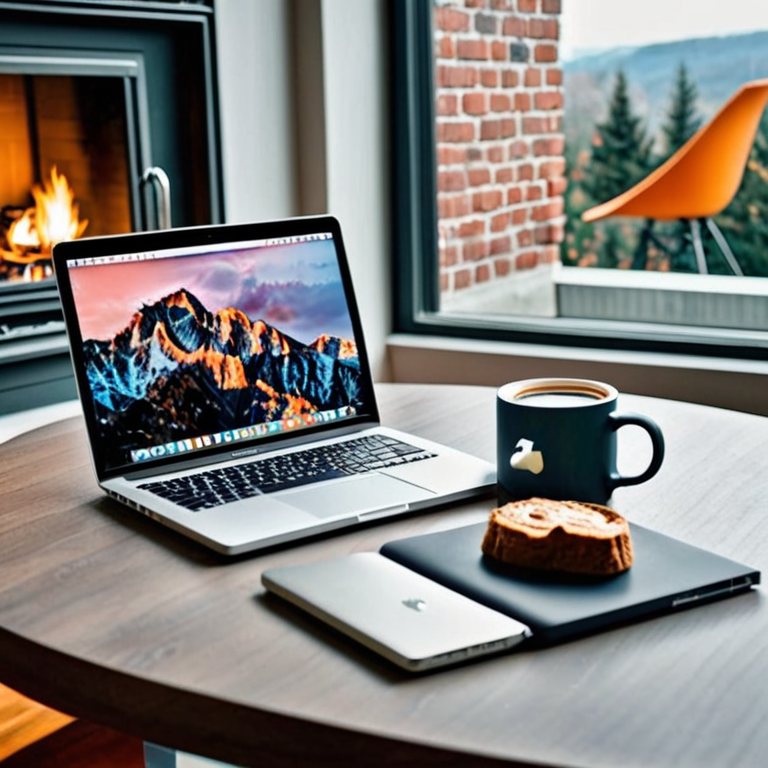 hovawart dog, MacBook pro, coffee, fireplace