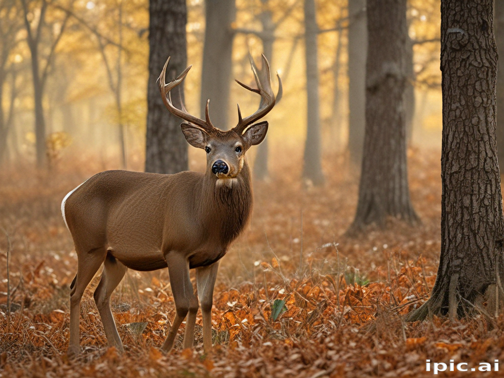 Majestic Buck Stands Proudly Among Autumn Leaves in a Serene Forest