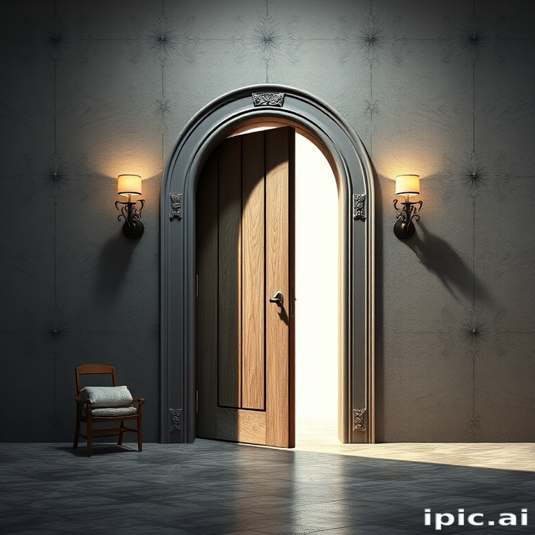 Inviting Open Door with Warm Light and a Cozy Chair Nearby