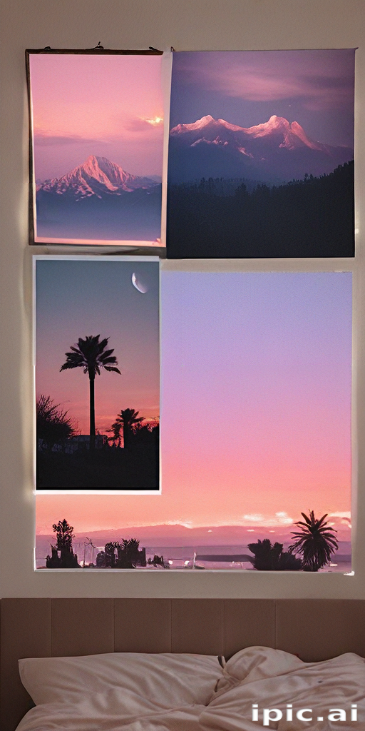 Stunning Sunset Collage Featuring Majestic Mountains and Serene Palm Trees