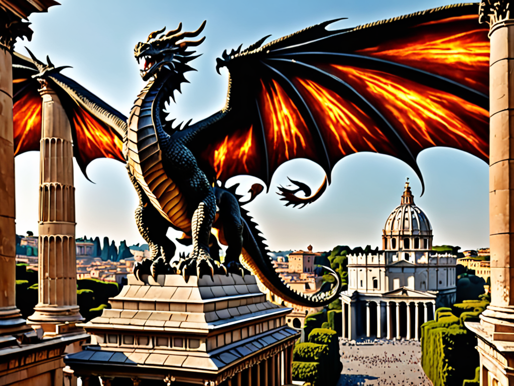"In an epic scenario, an imposing dragon with outstretched wings hovers ...