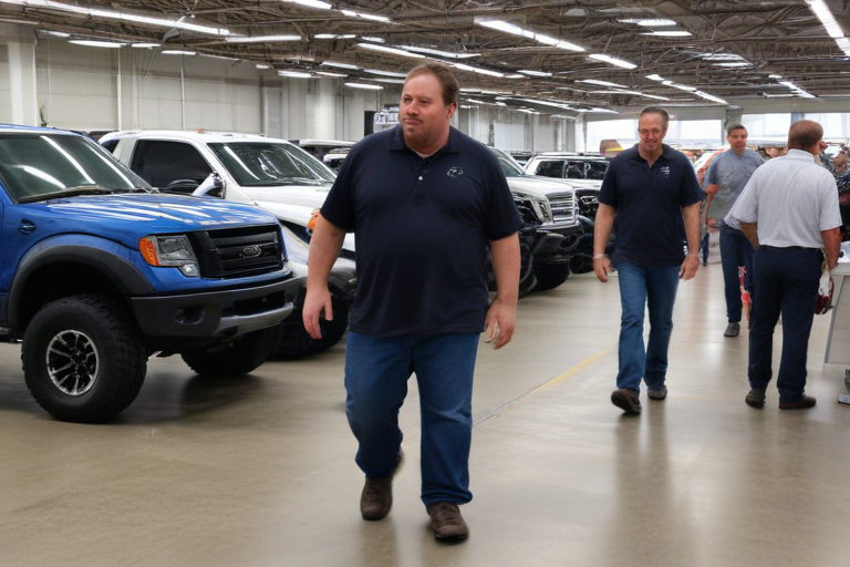 A fat but not fat man who's a truck seller walking through a busy Ford ...
