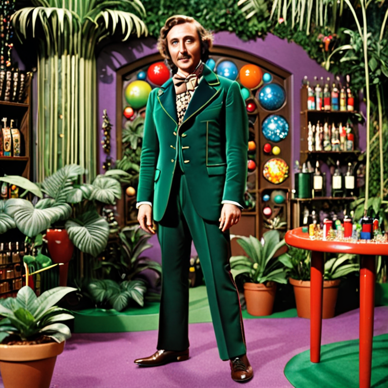 Willy Wonka a man with black hair and goatee, with plumb coloured tail ...