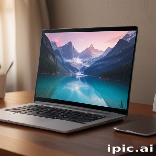 Stunning Landscape Displayed on a Laptop in a Cozy Workspace Setting