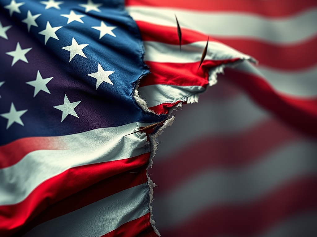 create a vibrant illustration of a torn American flag with claw scratch ...
